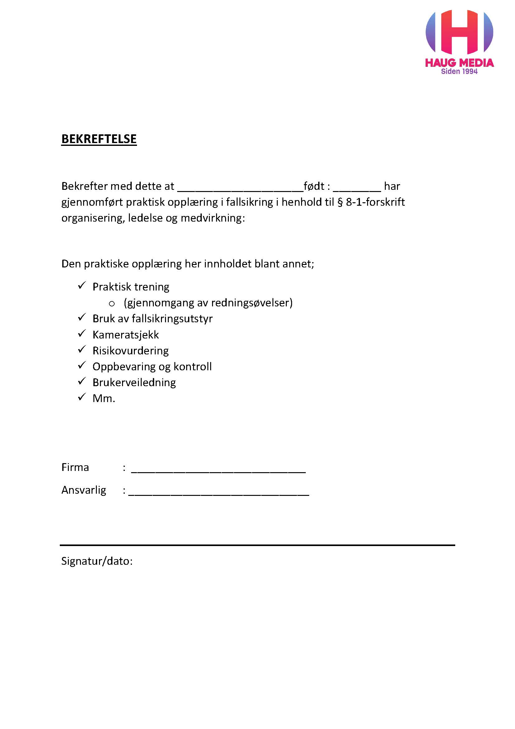 Bekreftelser for nedlasting – Kurs for fagfolk